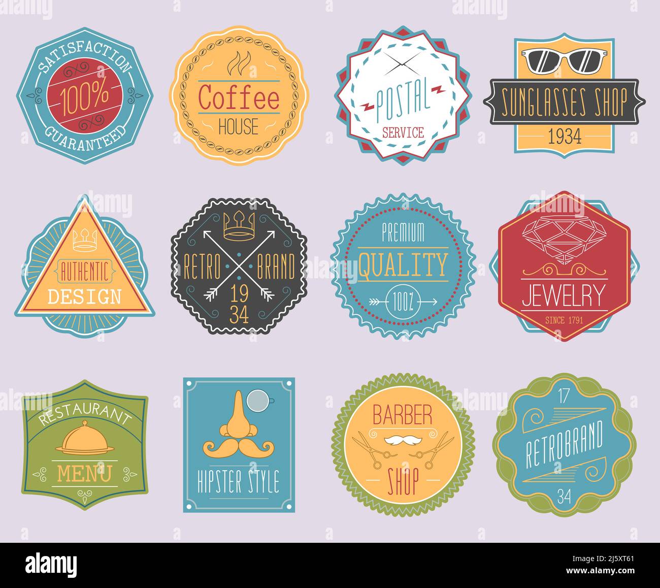 Set of retro colored line emblems with hipster elements isolated vector ...