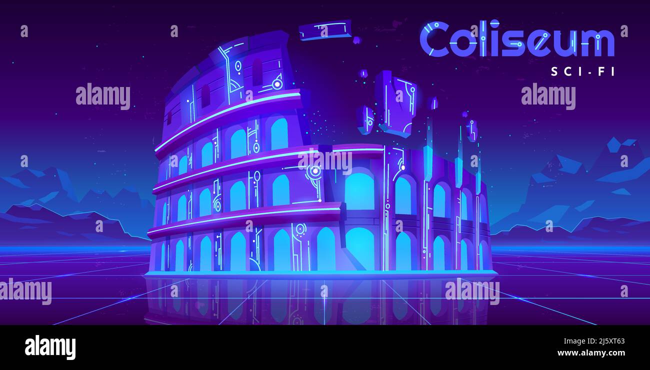 Neon Coliseum on retro sci-fi glowing background in futuristic synth ...