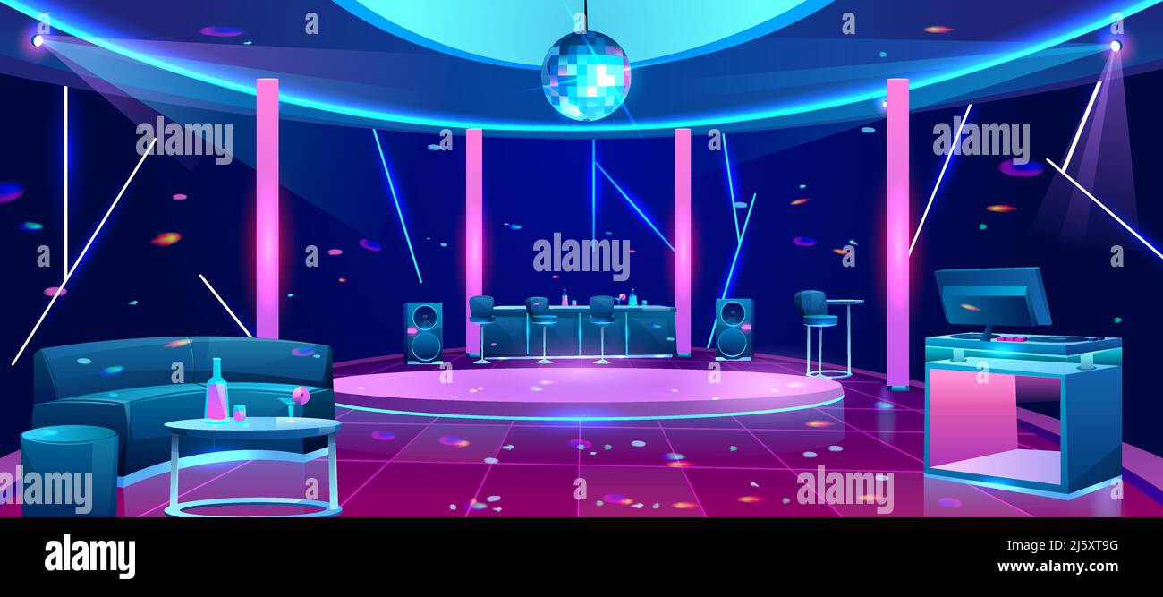 Nightclub interior with bright neon illumination, stools near bar ...