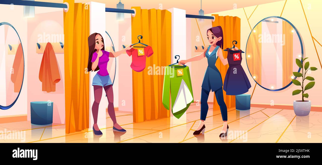 People in store fitting room try on clothes, saleswoman bring garment ...