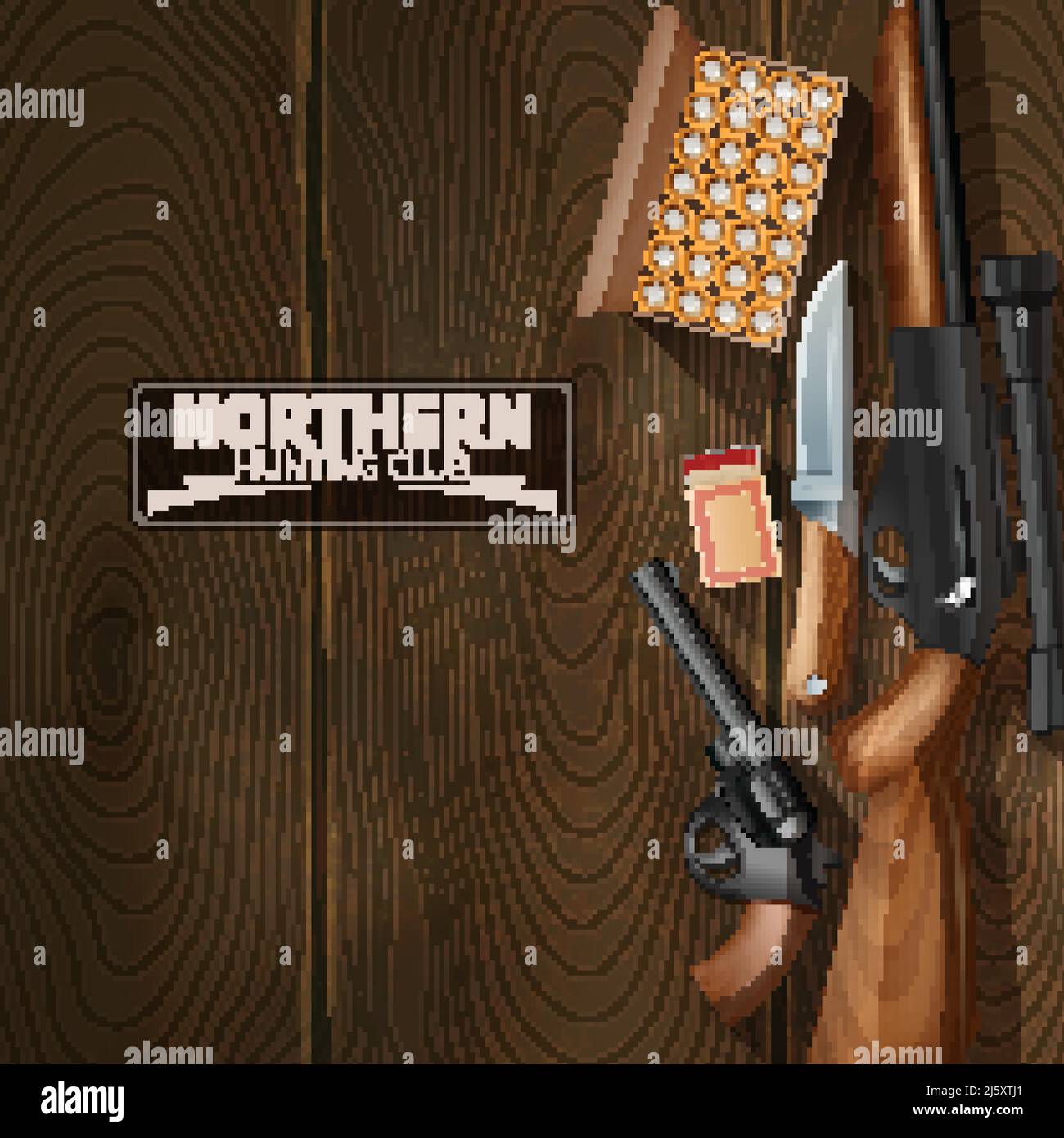 Hunting weapon and bullets set on wooden texture background vector ...