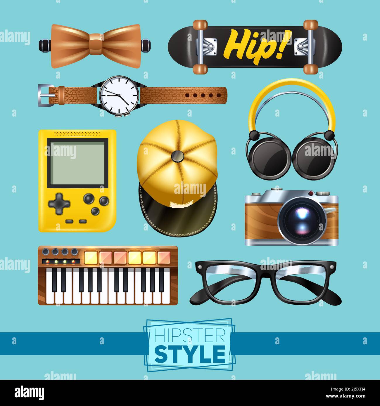Hipster elements set with glasses wrist watch keyboard isolated vector ...
