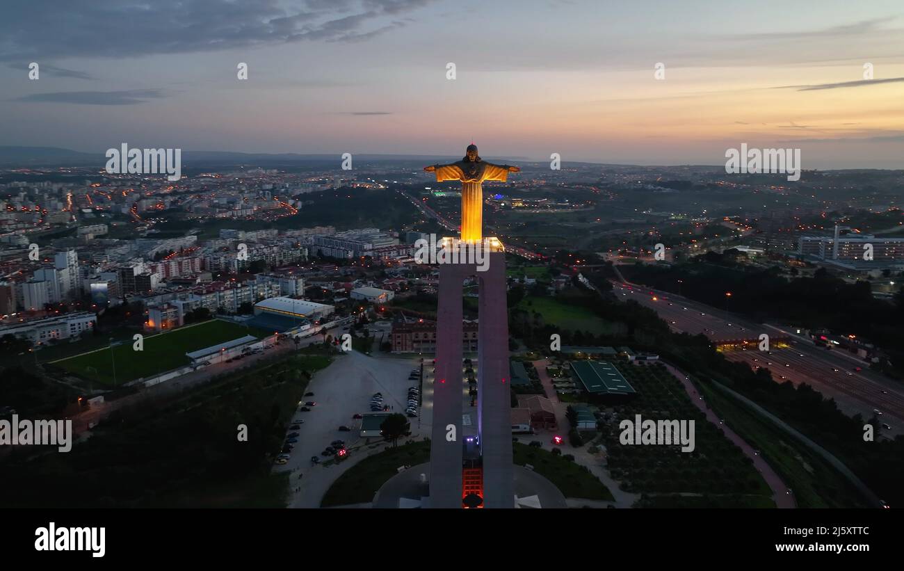 Drone flight around the statue of Jesus Christ in Lisbon. Jesus ...
