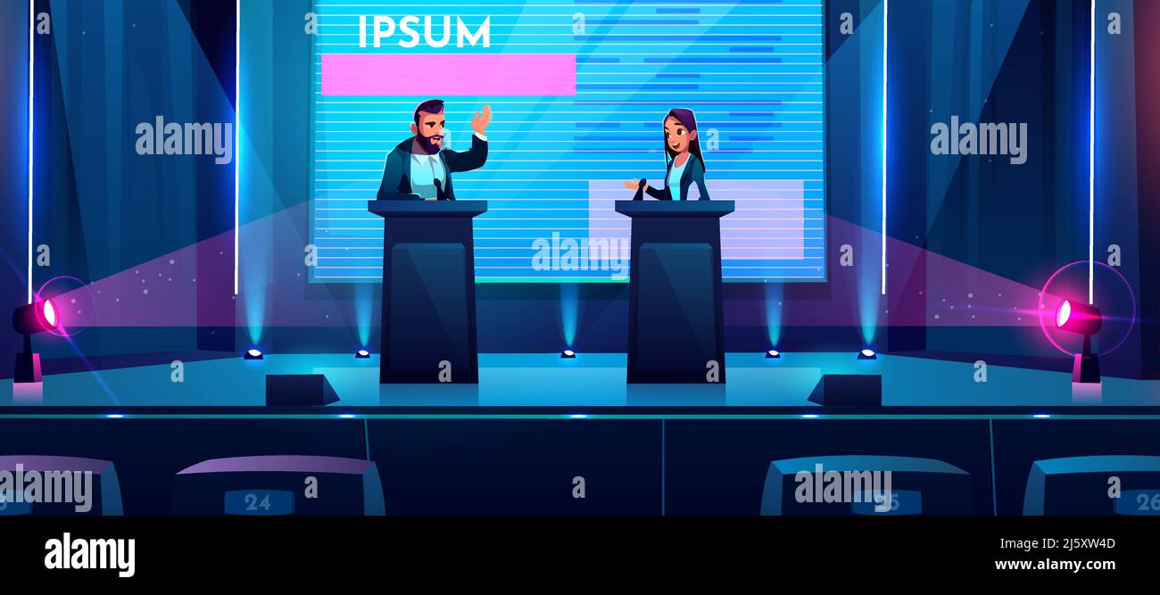 Conference debates or presentation on stage with business or politician ...