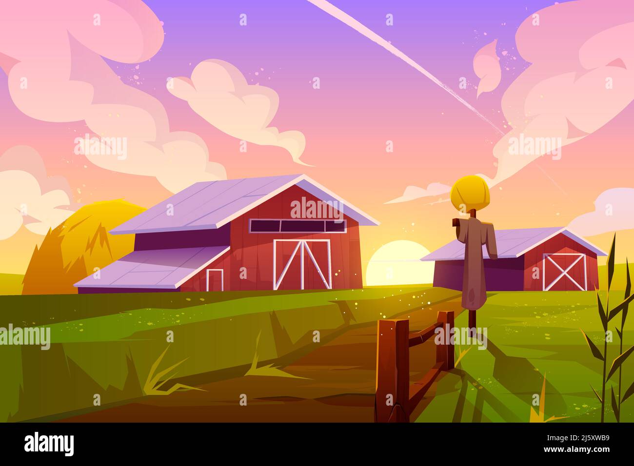 Farm on nature rural background with barn, green field, stack of hay ...