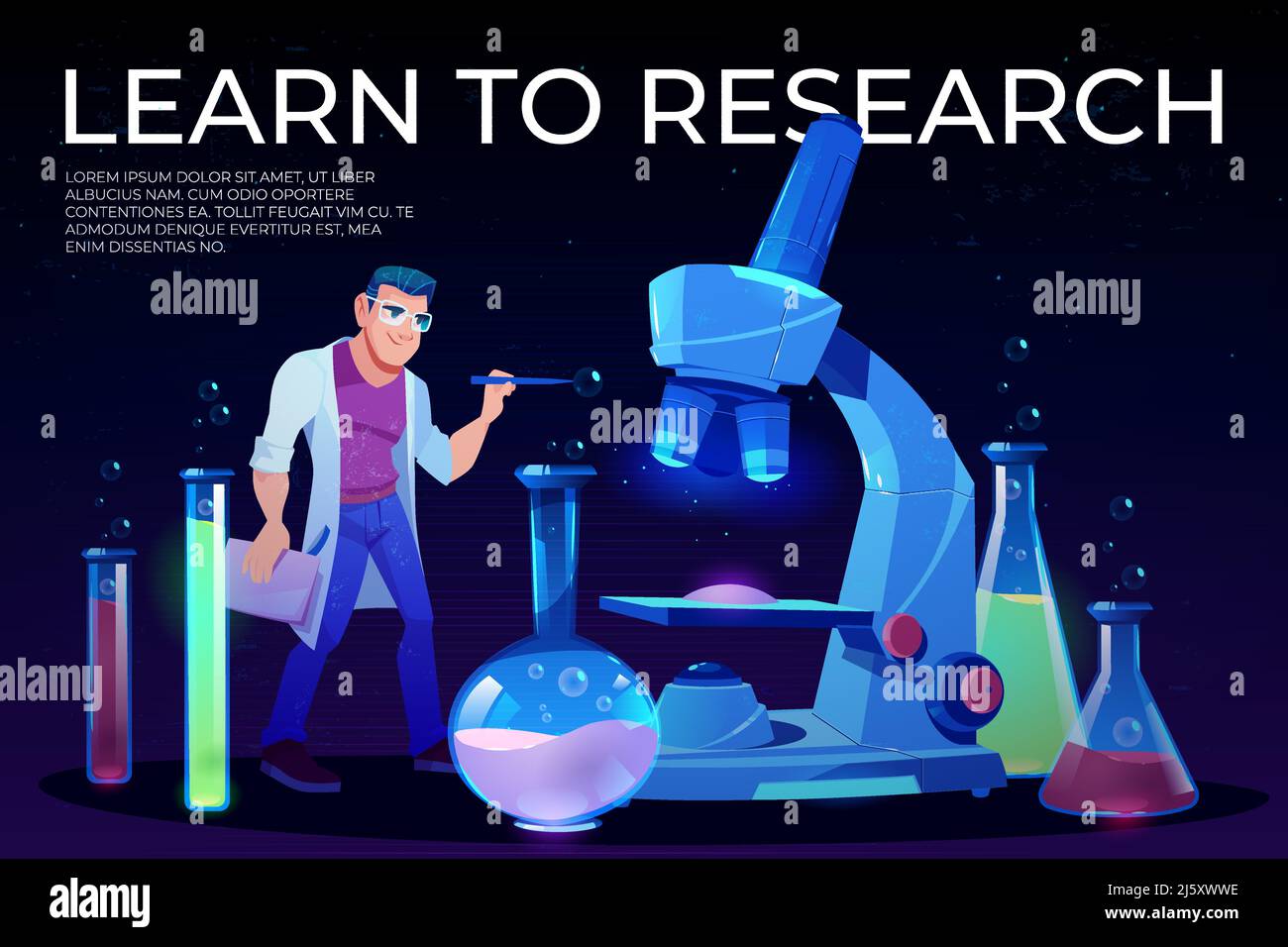 Science, learn to research landing page, man scientist in white robe ...