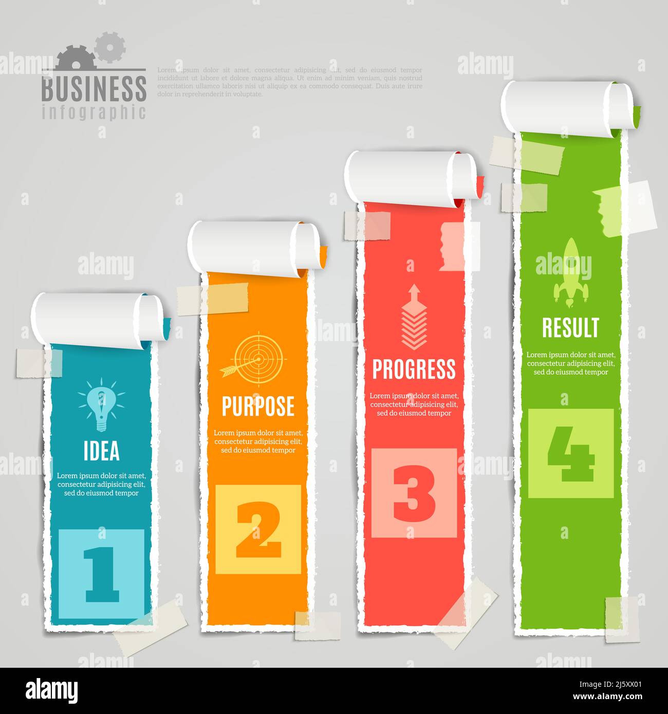 Paper taped staged idea purpose progress result color infographic set ...