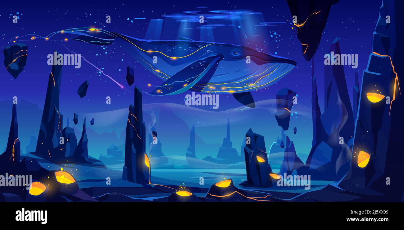 Fantasy dream, space fairy tale background with huge whale flying in ...