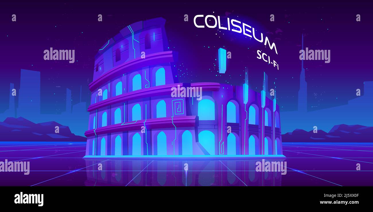 Neon Coliseum on retro sci-fi glowing background in futuristic synth ...