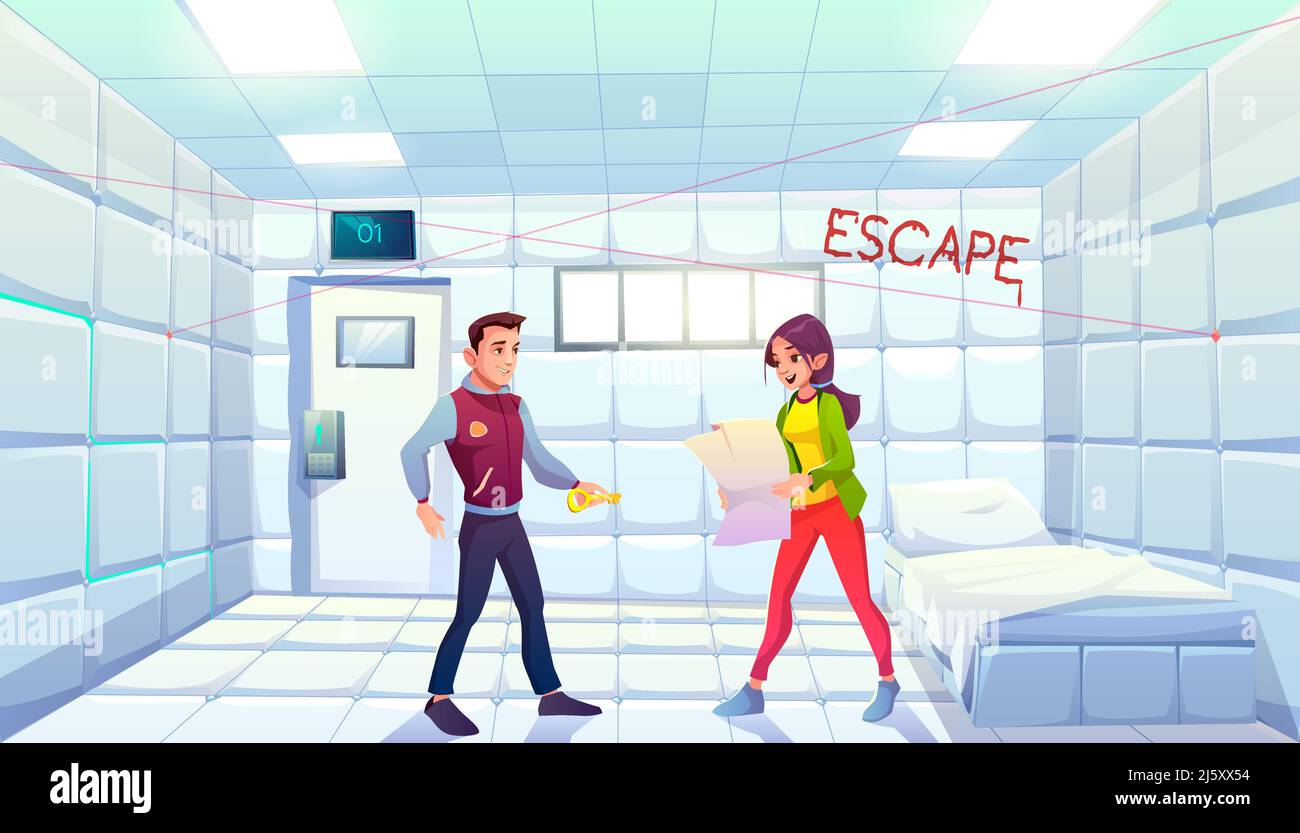Quest escape asylum room with people searching exit, game. Man holding ...