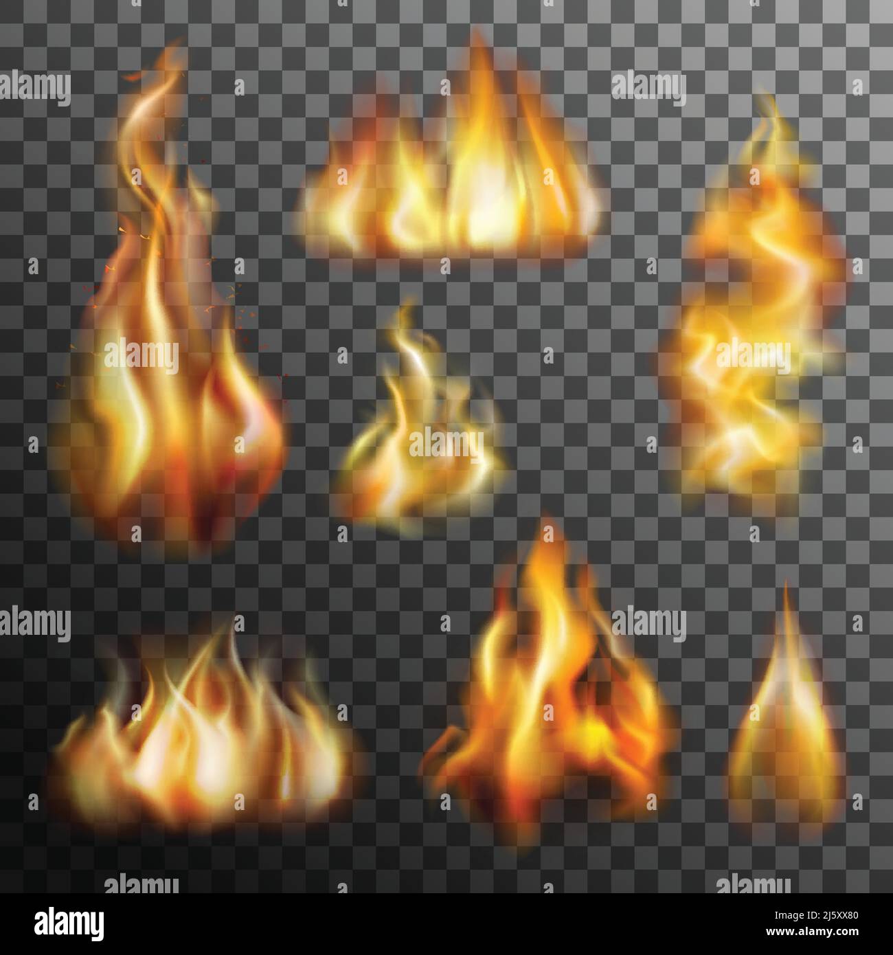 Realistic burning fire transparent set for decoration isolated vector ...