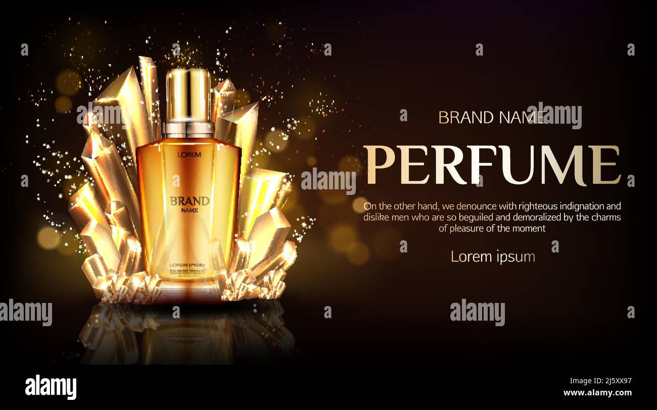 Perfume bottle with crystals on dark shining background mock up banner ...