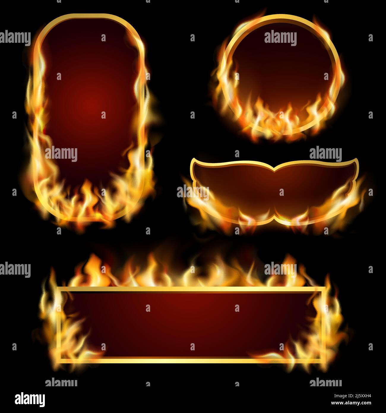 Burning fire realistic frames set on black background isolated vector ...