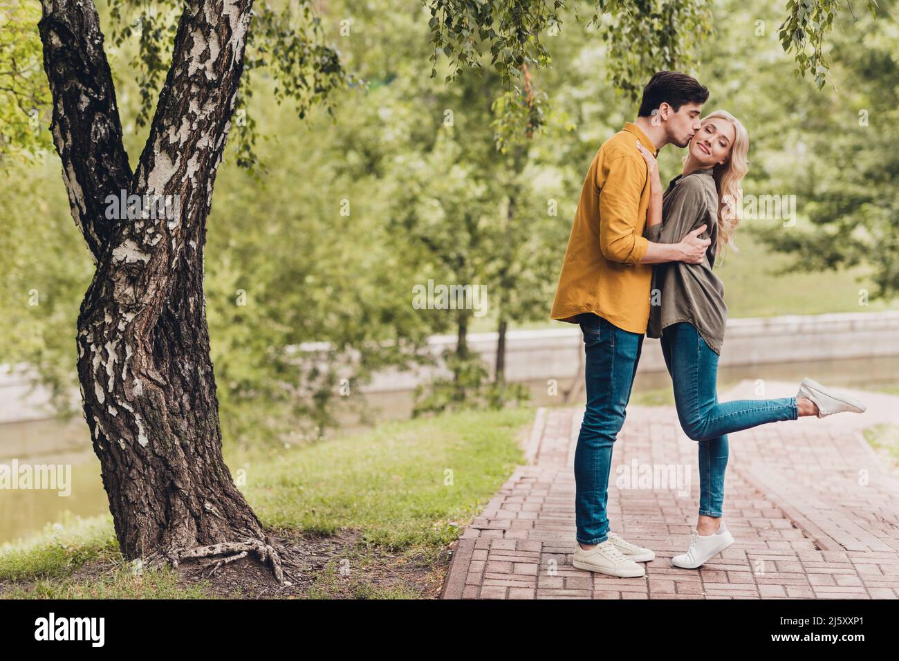 Full length body size profile side view of attractive cheerful dreamy ...