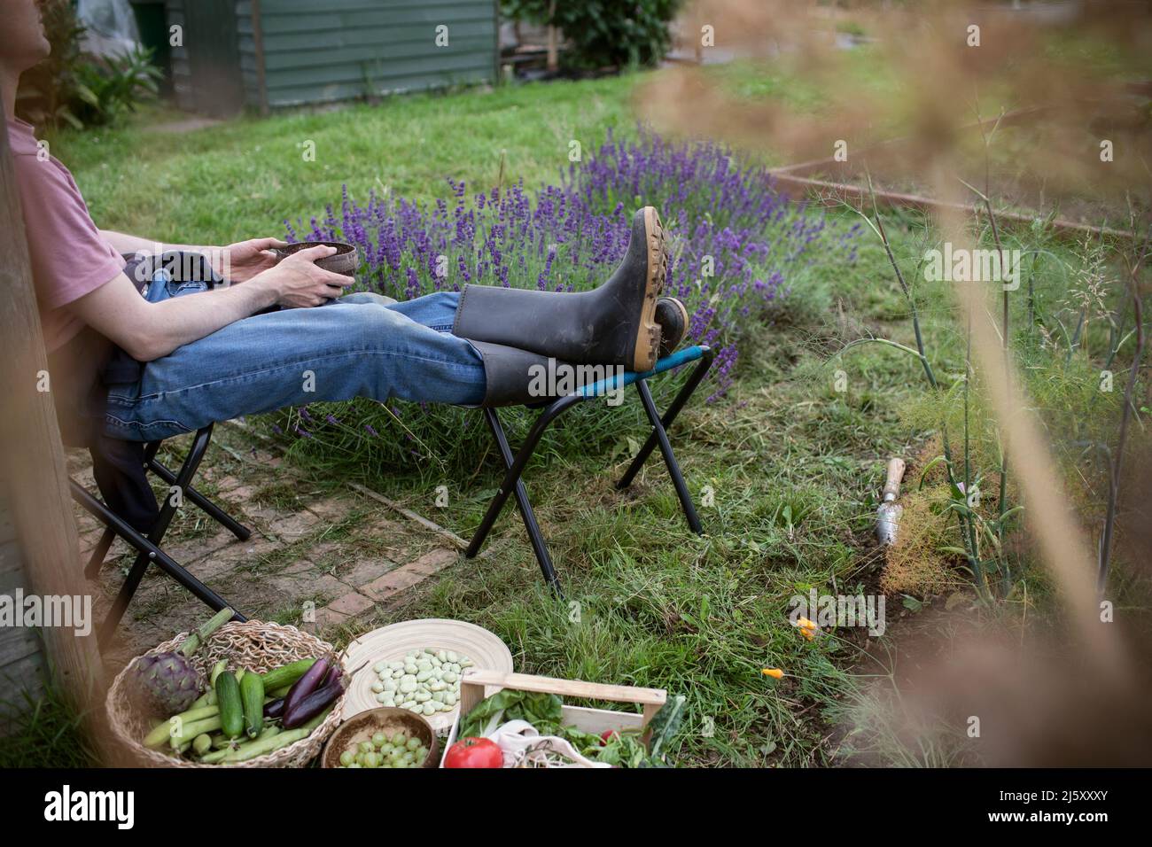 Man relaxing in garden with harvested vegetables Stock Photo - Alamy