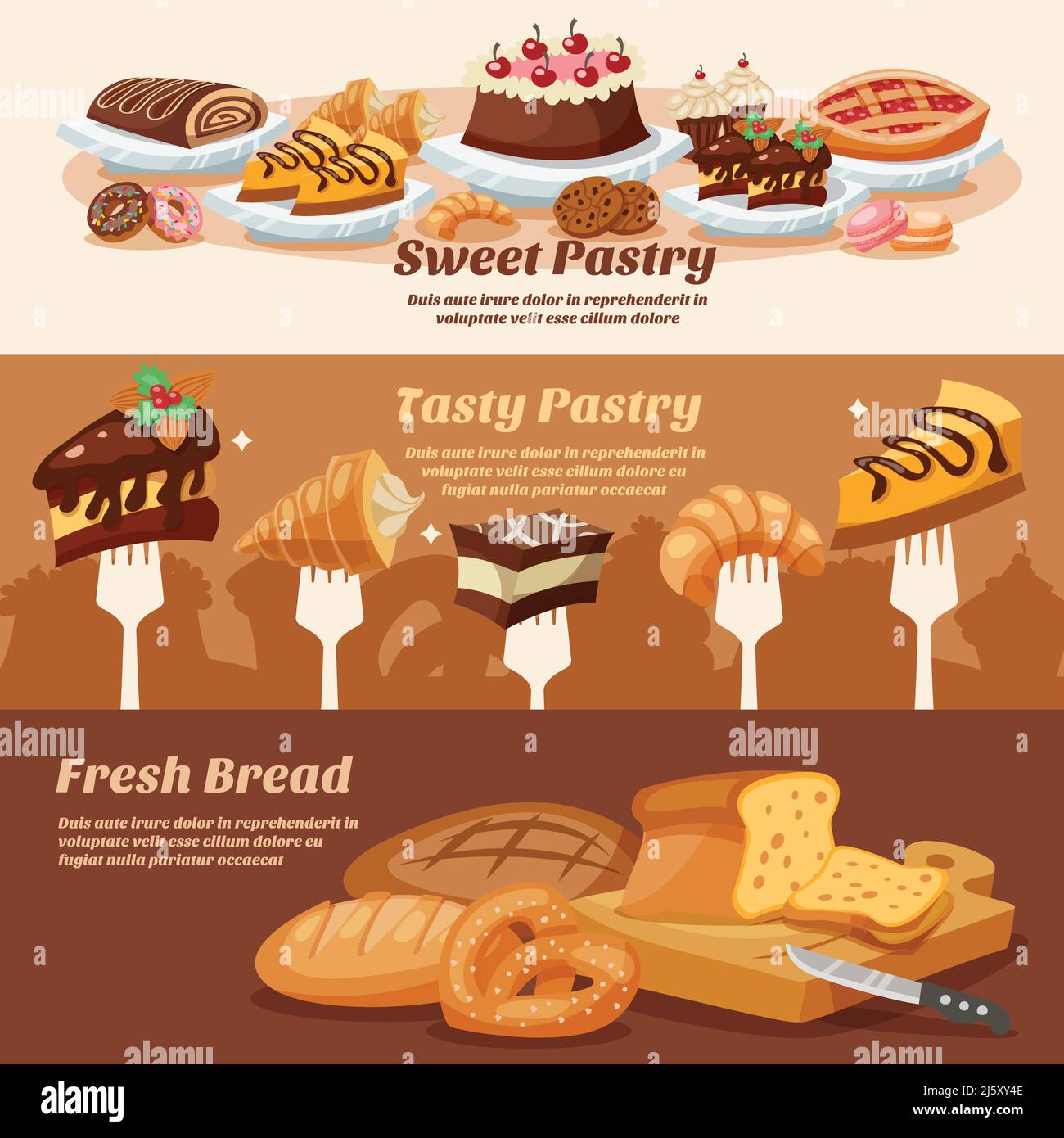 Pastry horizontal banner set with sweets and bread elements isolated ...
