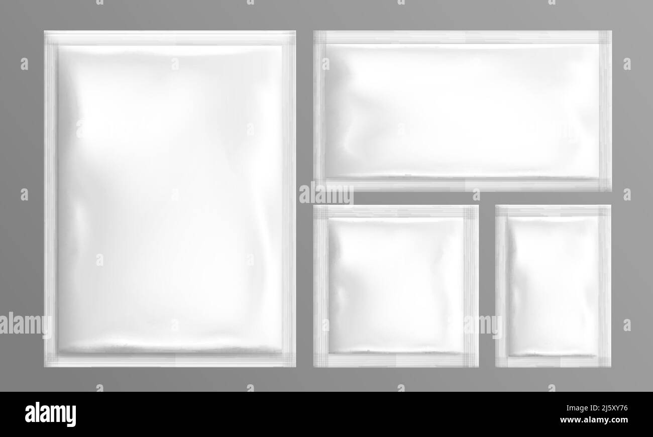 Sachet set. Pouch foil paper or plastic bags isolated on transparent ...