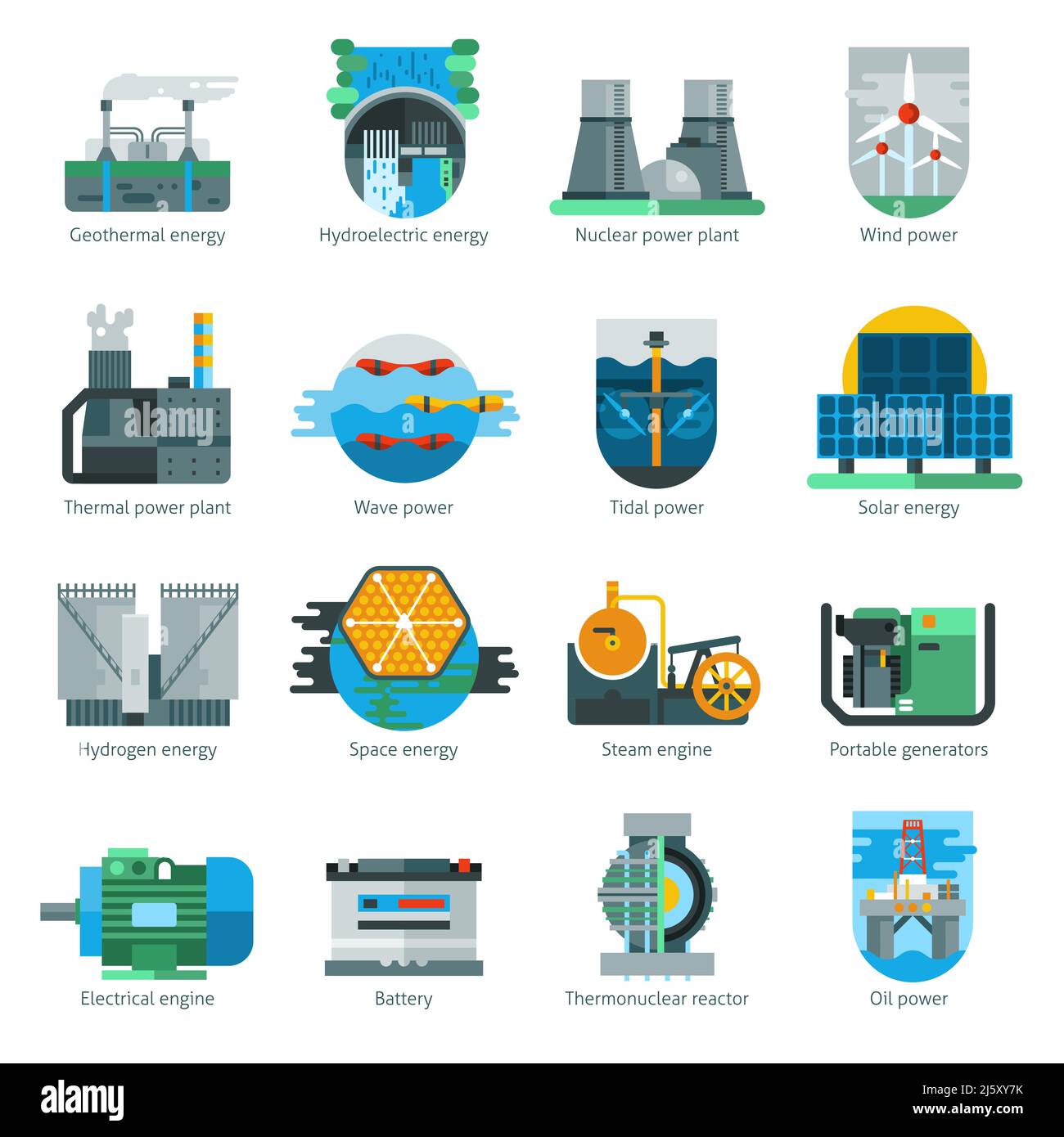 Energy production flat icons set with fuel and electricity ...