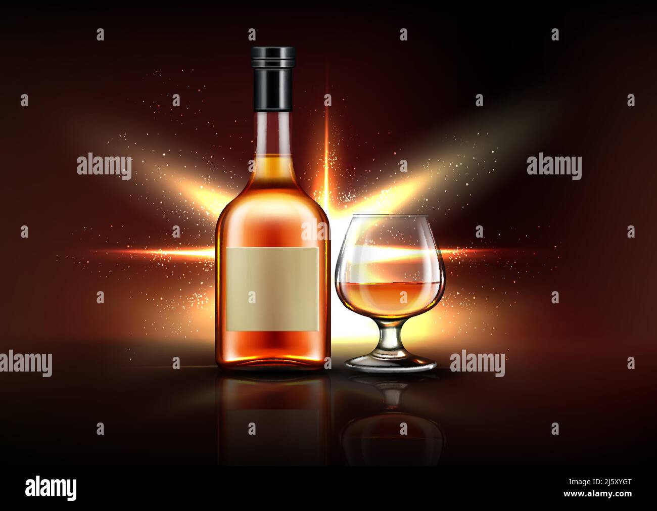 Brandy bottle and glass. Closed blank flask with strong alcohol drink ...