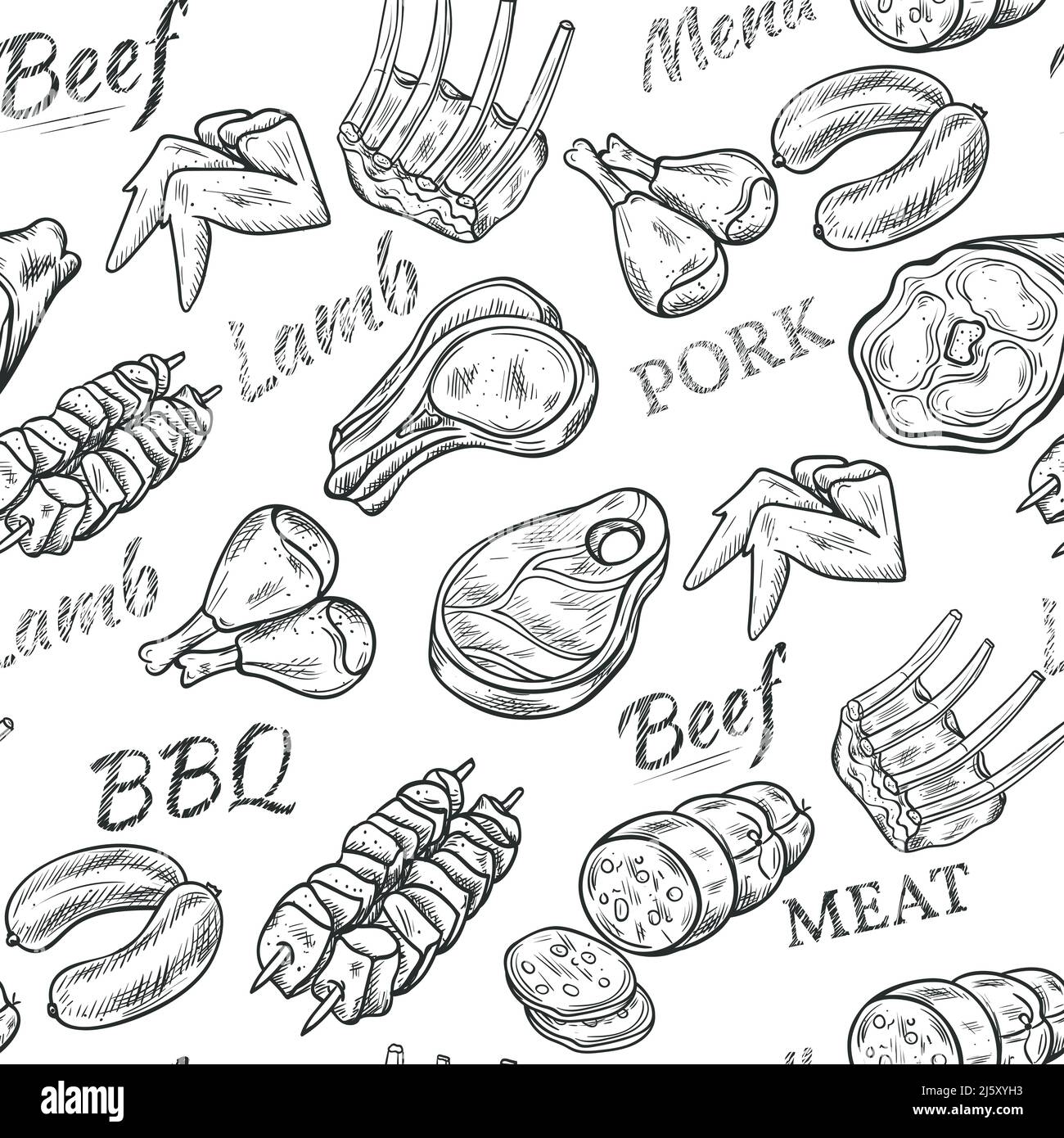 Meat black white sketch seamless pattern with beef and pork vector ...