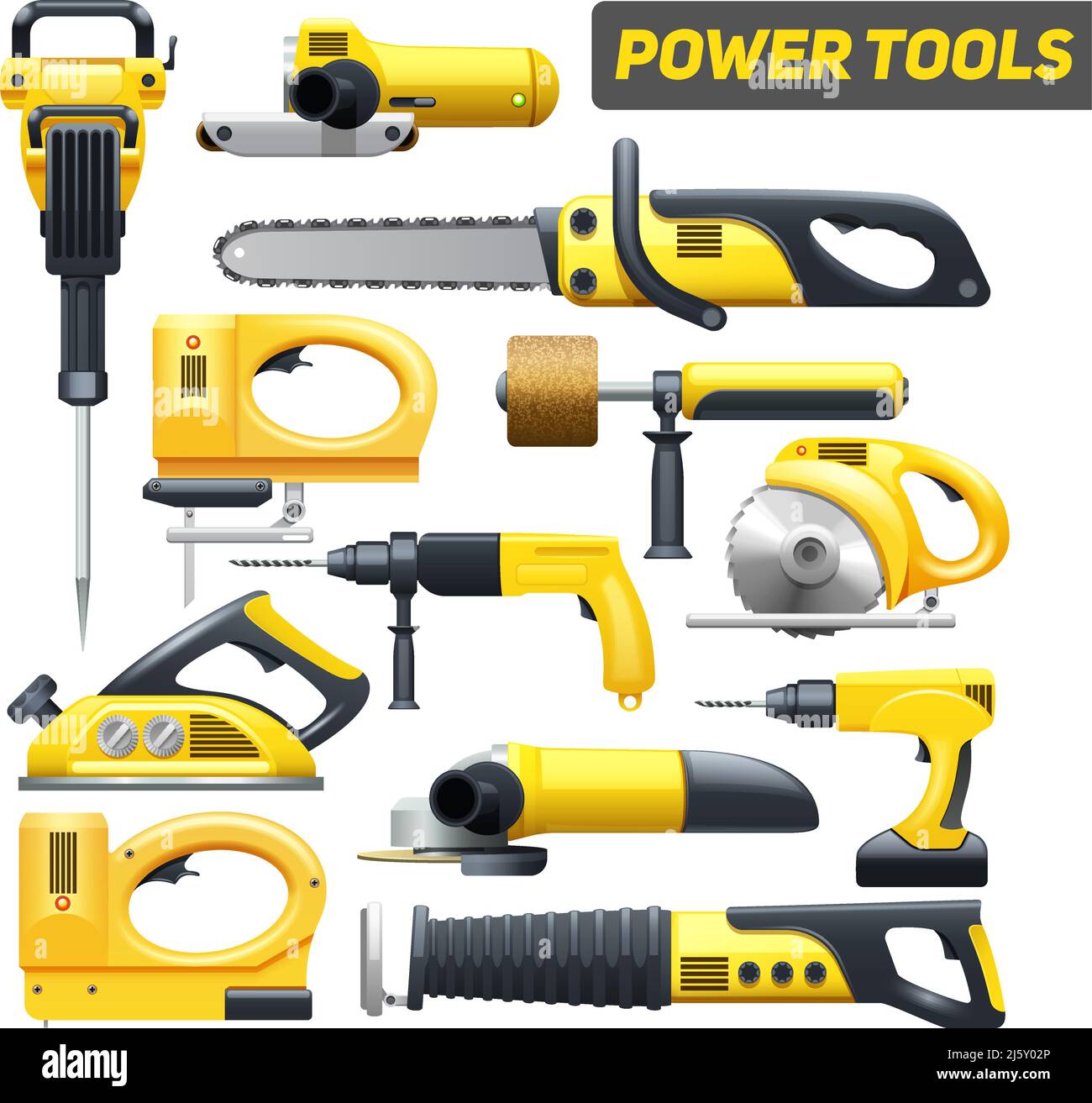 Electric power construction worker tools flat pictograms set in black ...