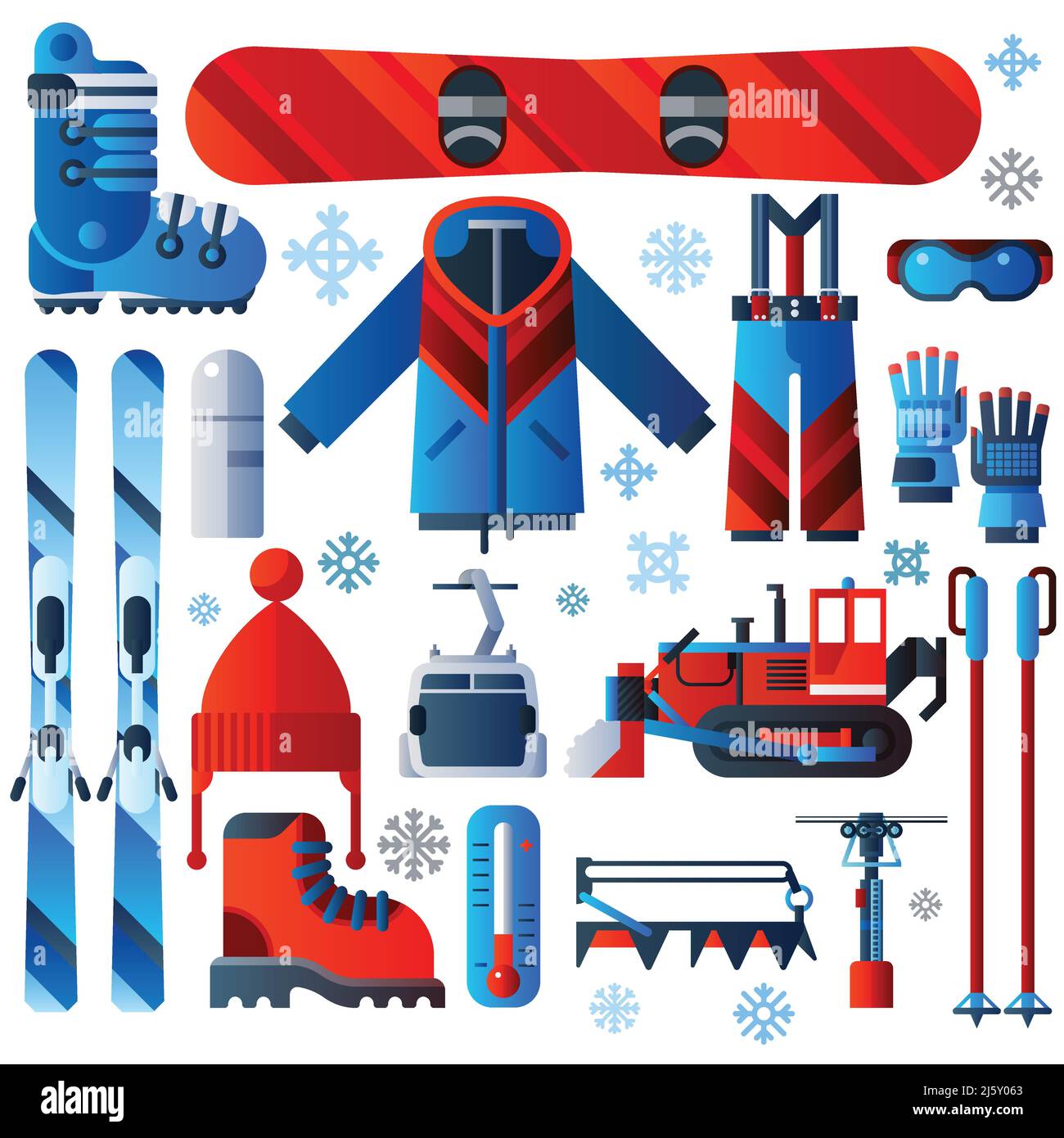 Flat color isolated skiing icons set of complete ski and snowboard ...