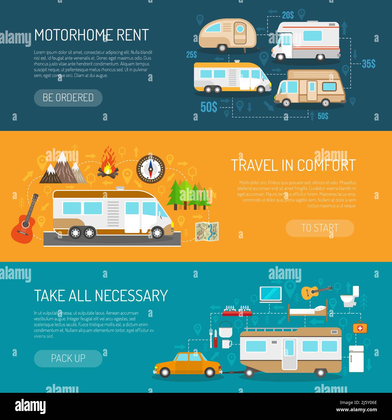 Recreational vehicle horizontal banners set with motorhome rent and ...