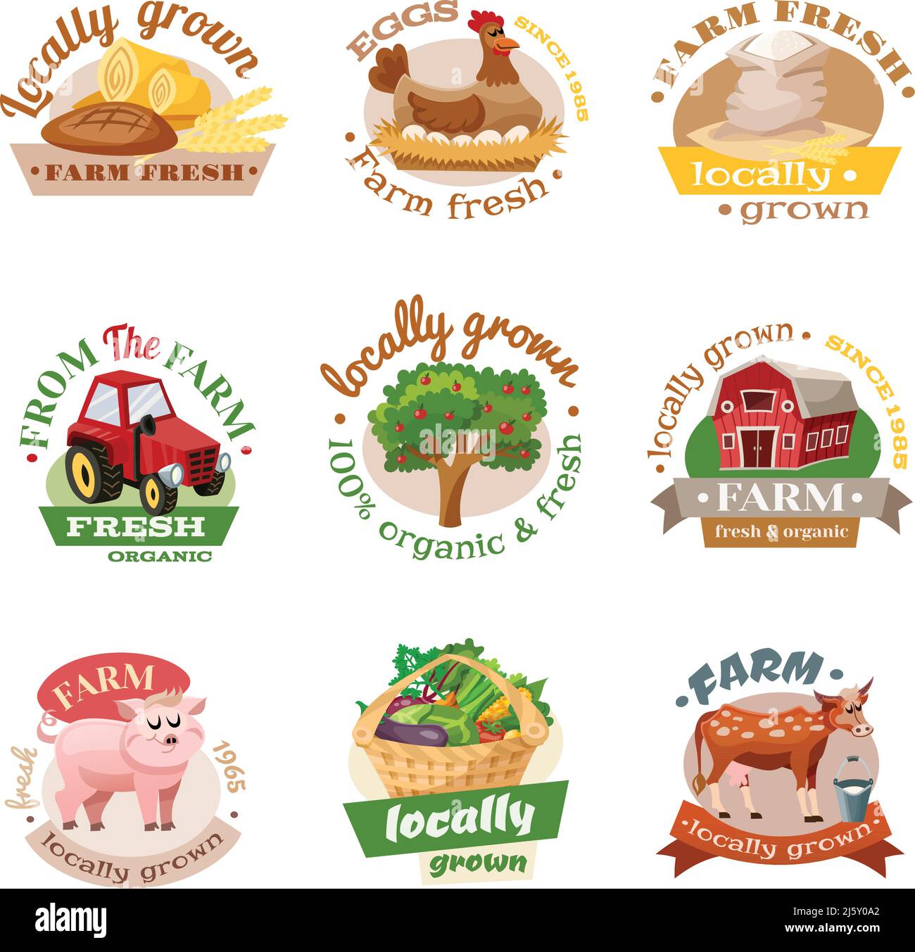 Farm organic fresh and locally grown production symbols and text flat ...