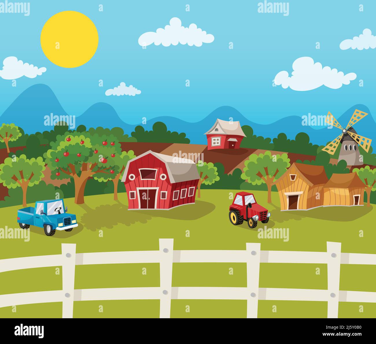 Farm cartoon background with apple garden in rural landscape vector ...