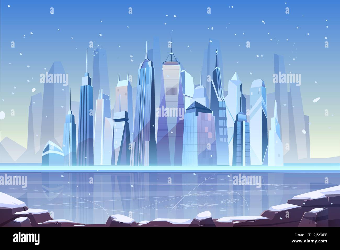 Snowfall in modern city cartoon vector with futuristic skyscrapers on ...