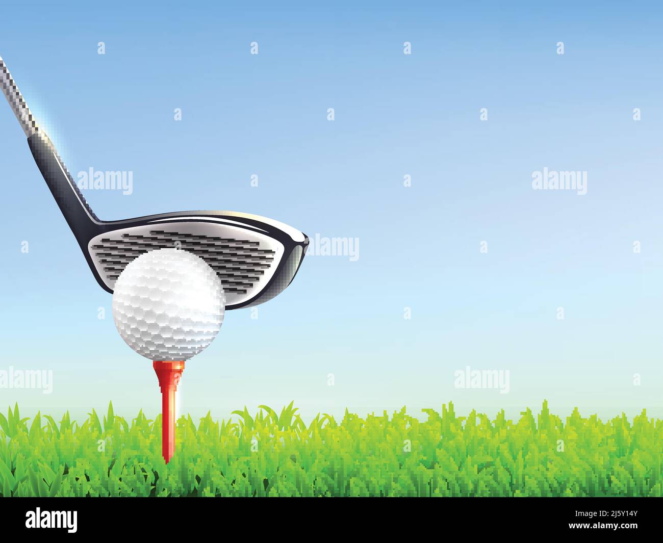 Golf realistic background with ball club blue sky and green grass ...