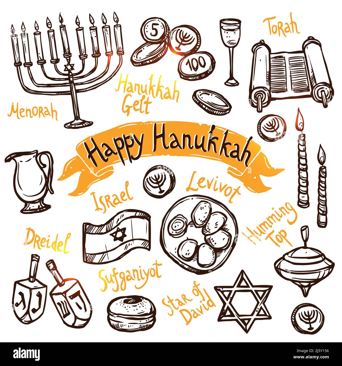Hanukkah traditional jewish holiday doodle symbols set isolated vector ...