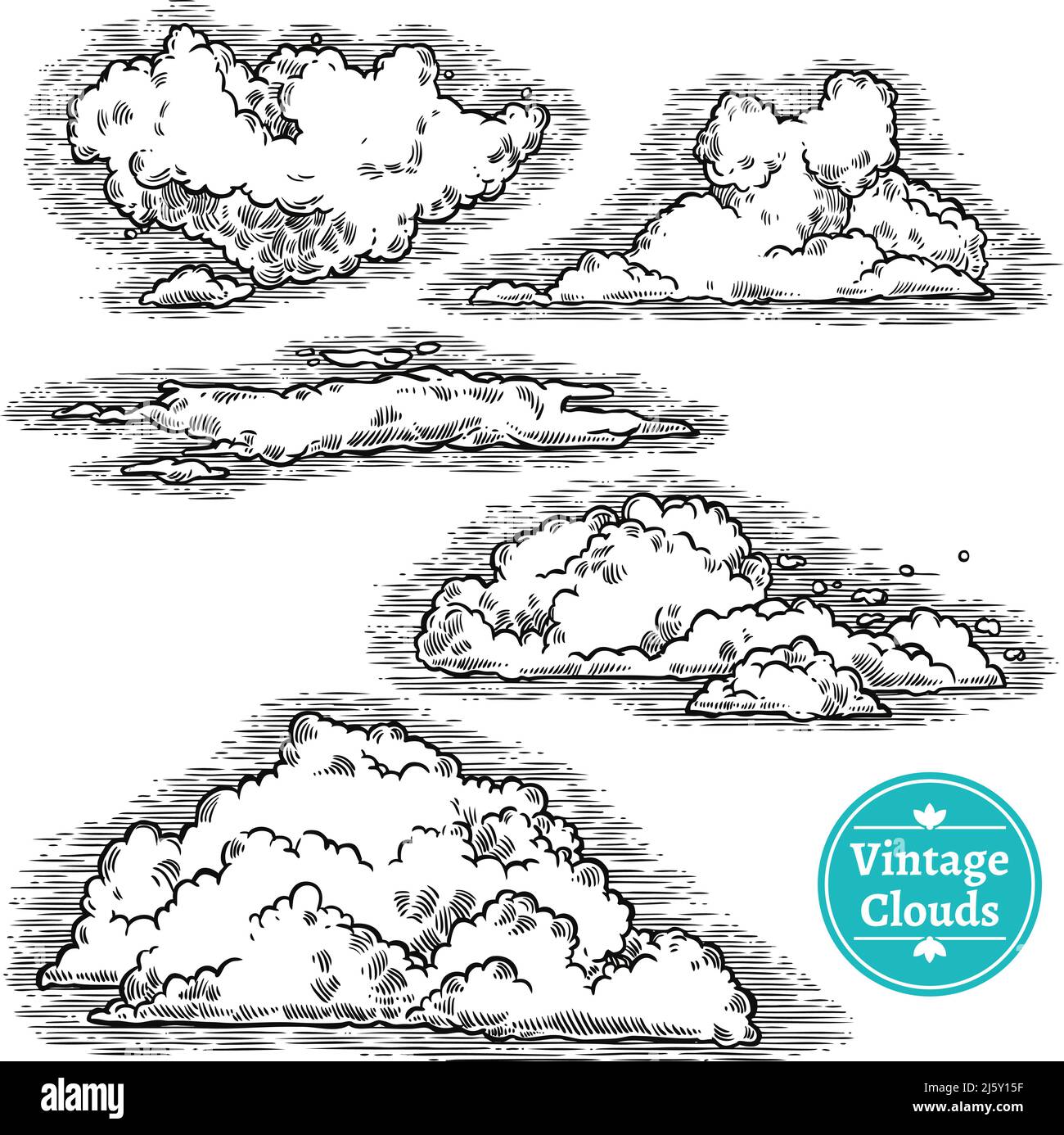 Hand drawn pencil engrave clouds icons set isolated vector illustration ...