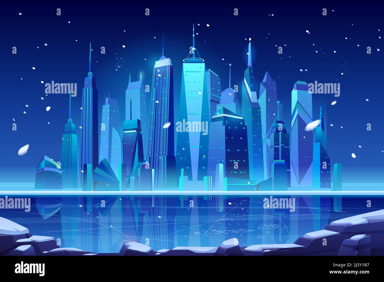 Night winter city skyline at frozen waterfront bay. Neon futuristic ...