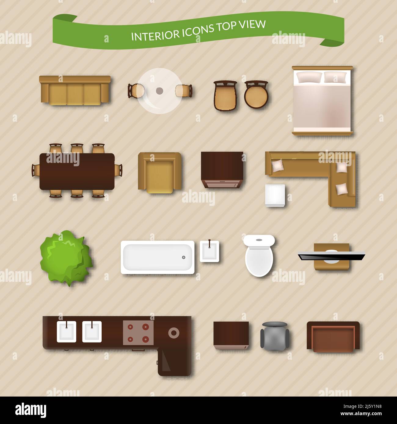 Interior icons top view with sofa armchair couch isolated vector ...