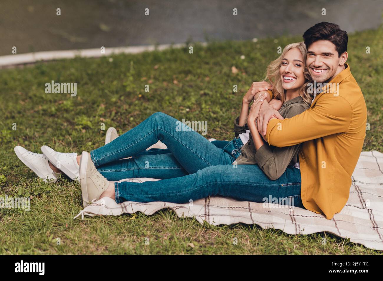 Profile side view portrait of amorous cheerful couple life partners ...