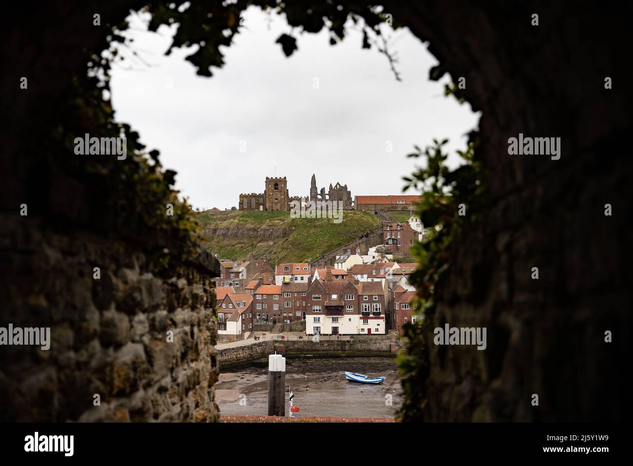 WHITBY, ENGLAND. April 25th 2022. Whitby Abbey is seen on a hill ...