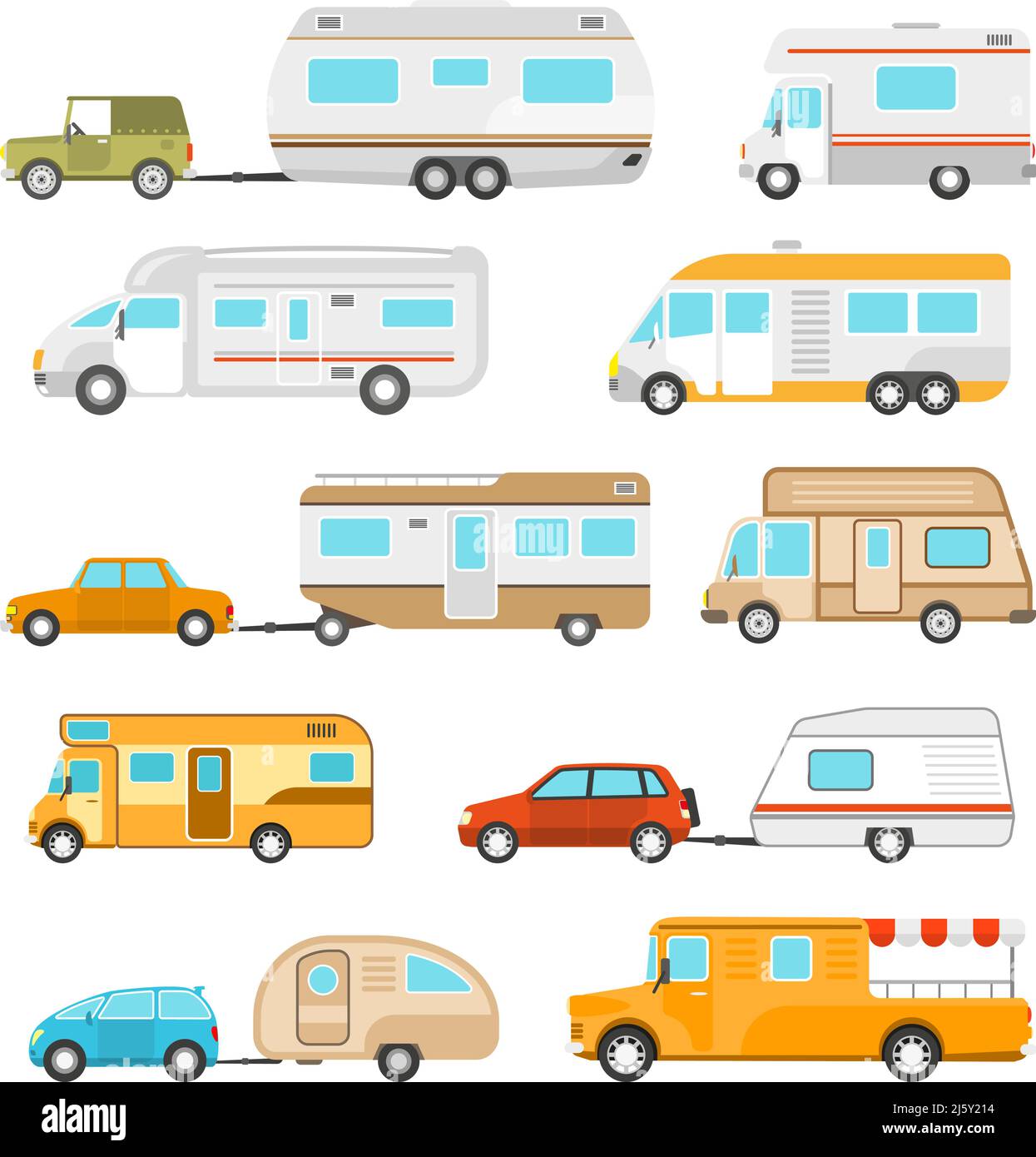 Recreational vehicle icons set with different types of motorhomes flat ...