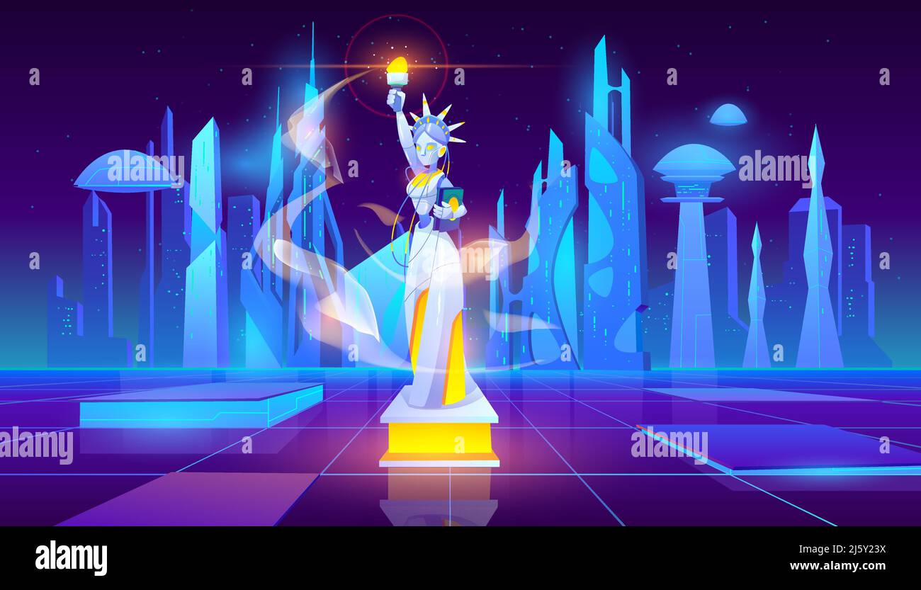 Statue of Liberty neon city sci-fy background, New York monument in ...