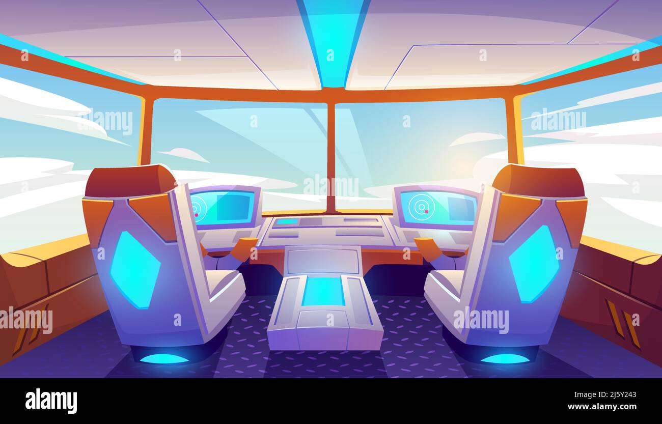 Jet cockpit, empty airplane cabin interior with seats for pilots ...