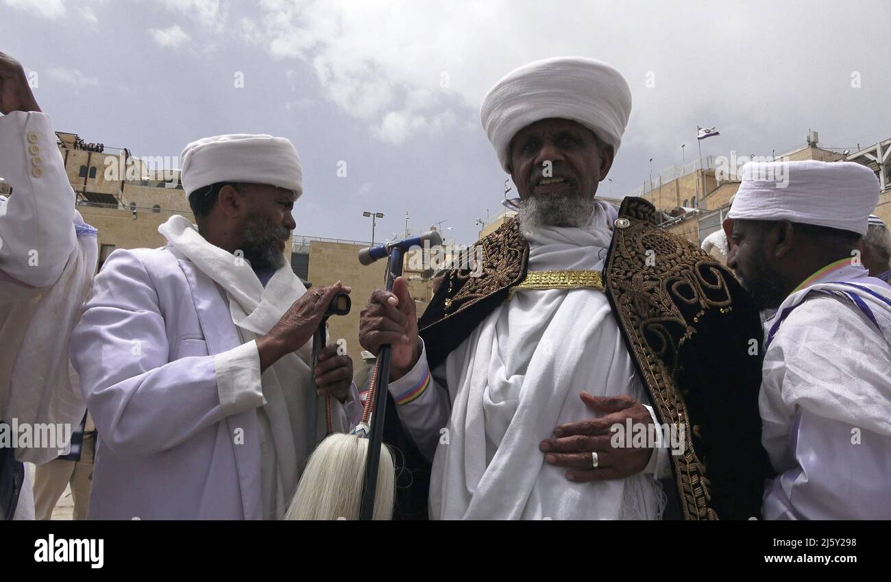 White turbaned religious priests from the Beta Israel community, also ...