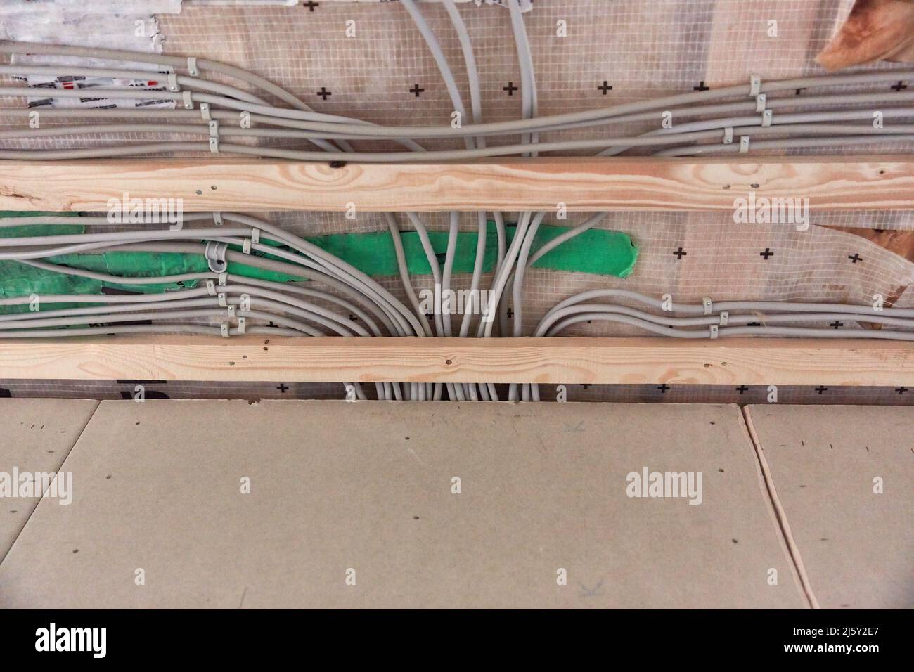 Lots of electrical power cables for house wiring during house ...