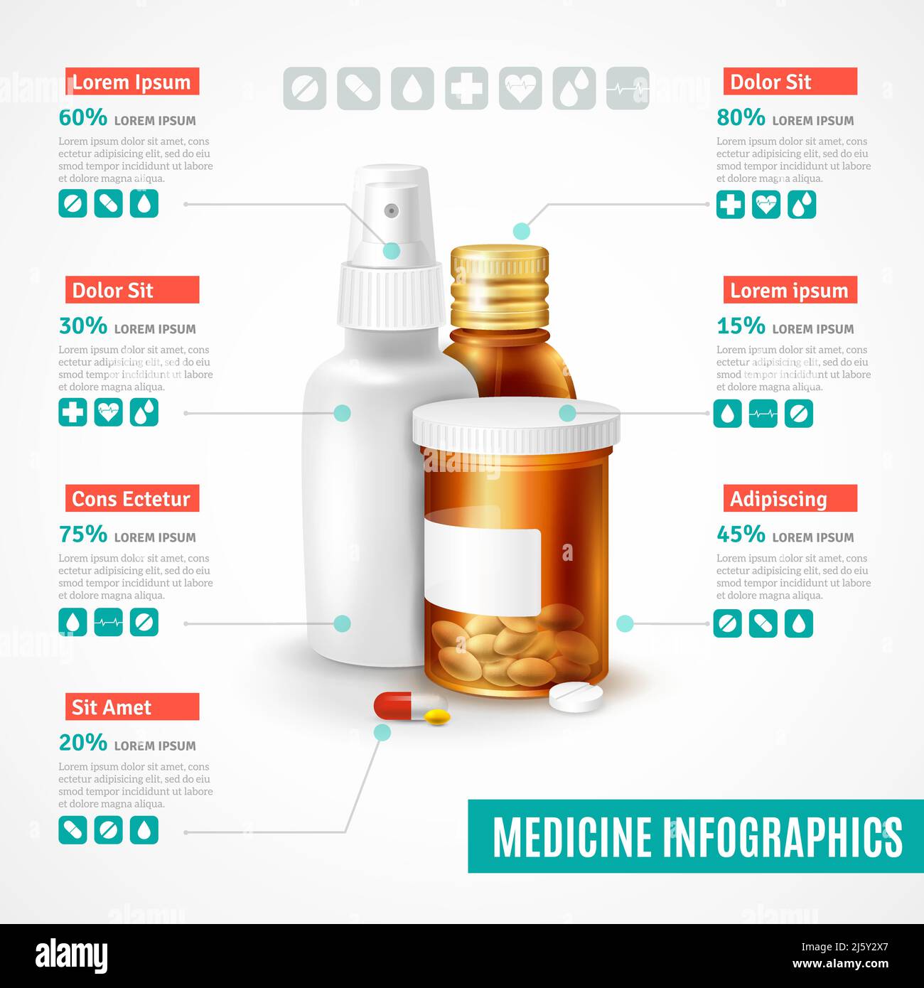 Medicine realistic infographic set with medical bottles and pills ...