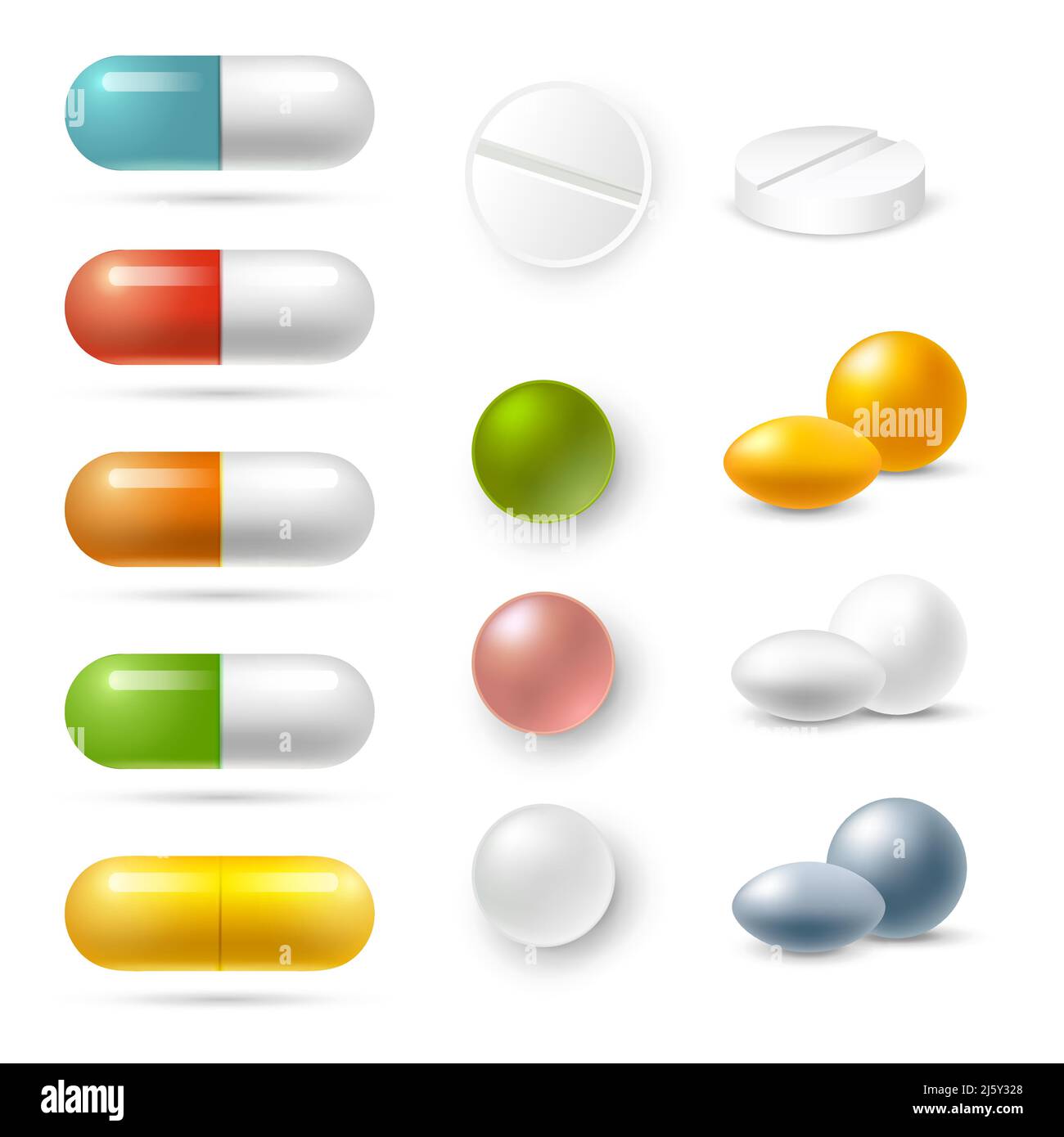 Realistic pills and granules in different colors icons set isolated ...