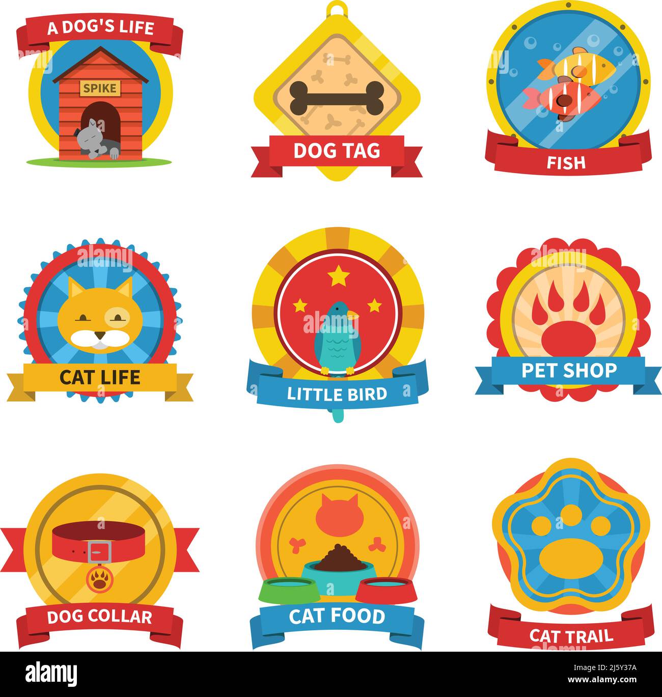 Pets label set with dog tags and cat food emblems isolated vector ...