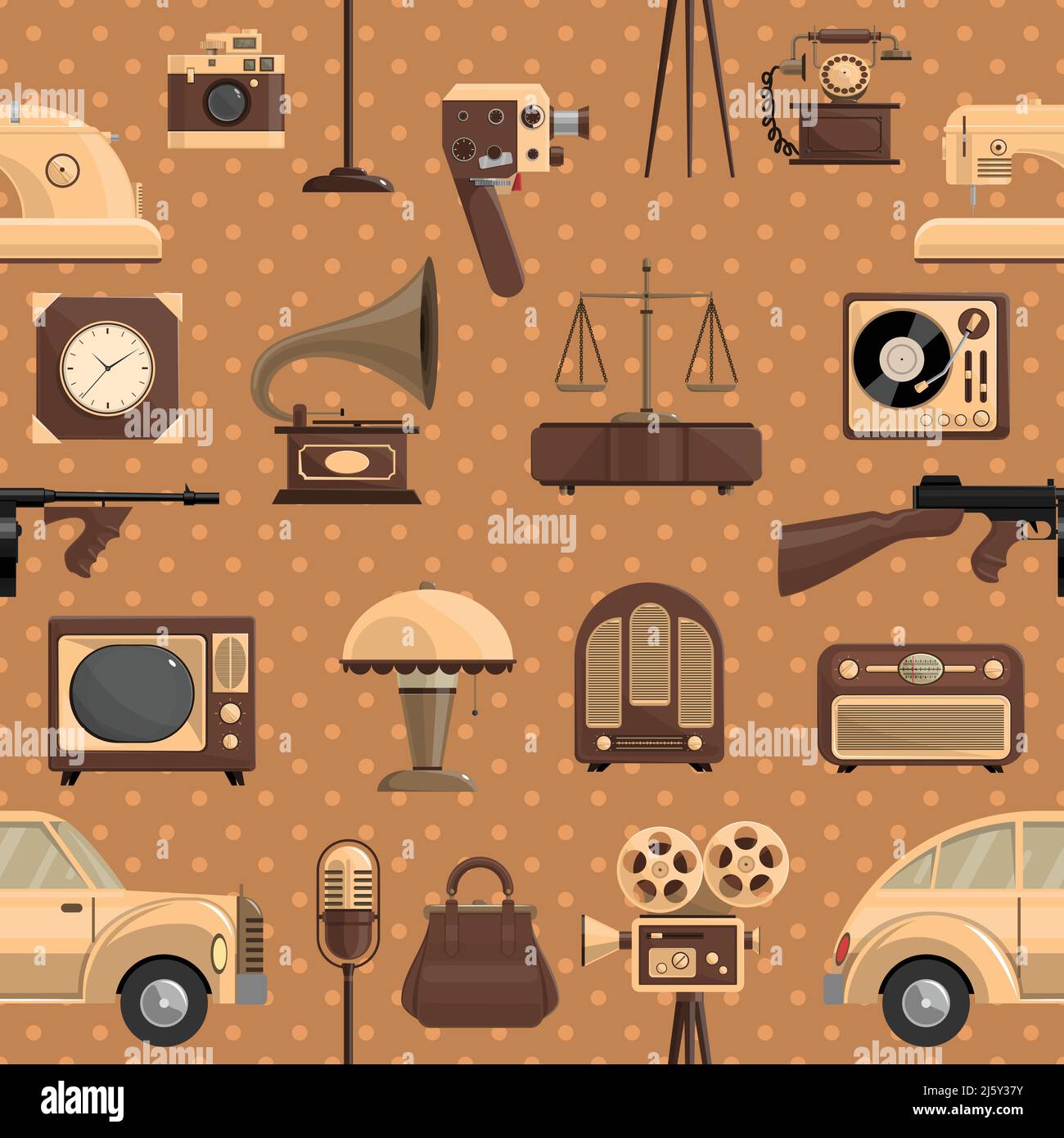 Retro seamless pattern with car lamp and bag flat vector illustration ...