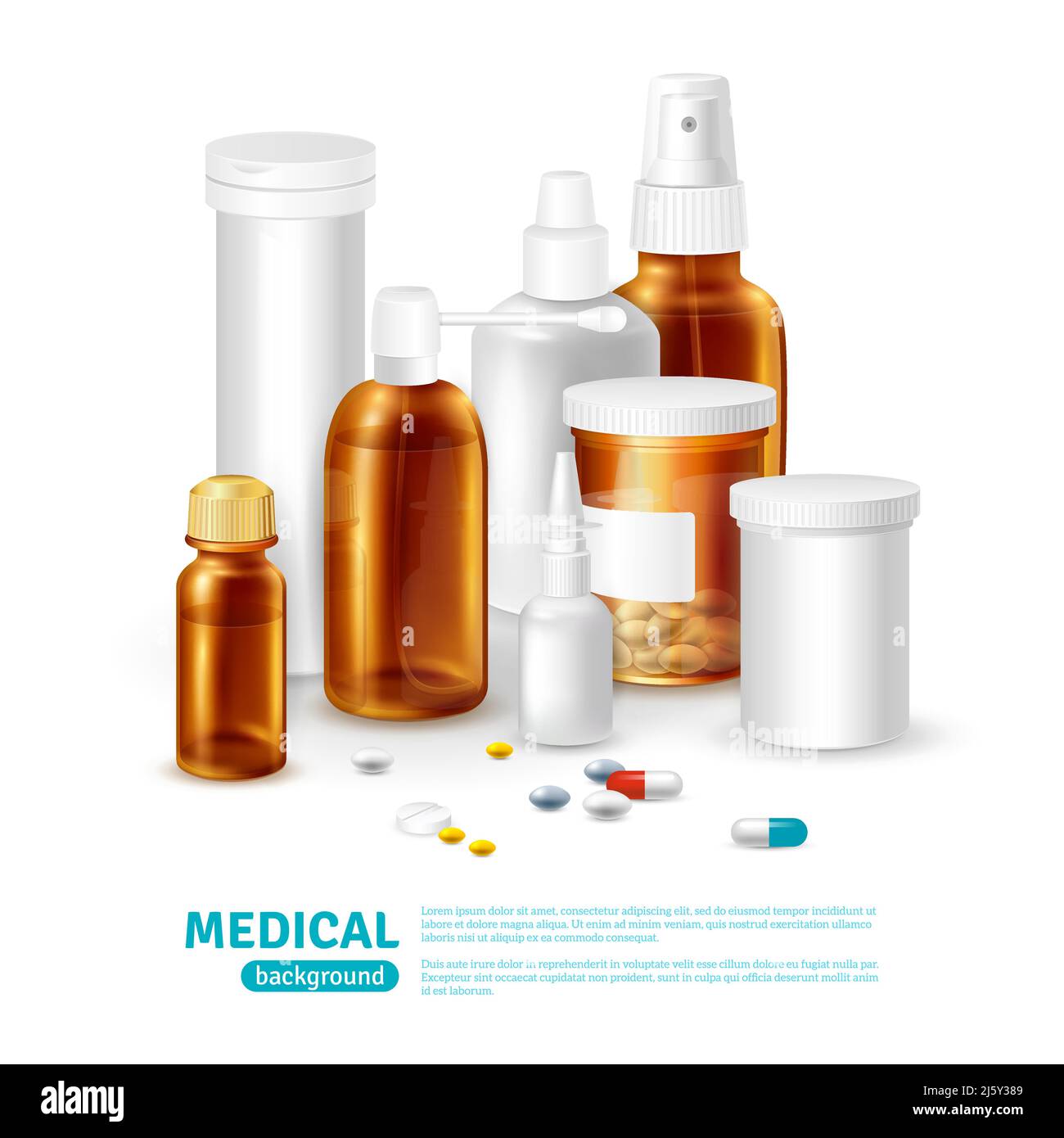 Medical realistic background with medical bottles and different types ...