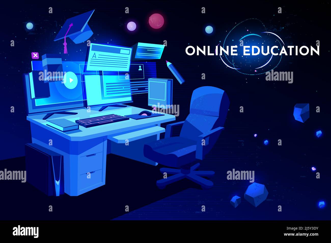 Online education banner, student workplace with computer table, Pc ...