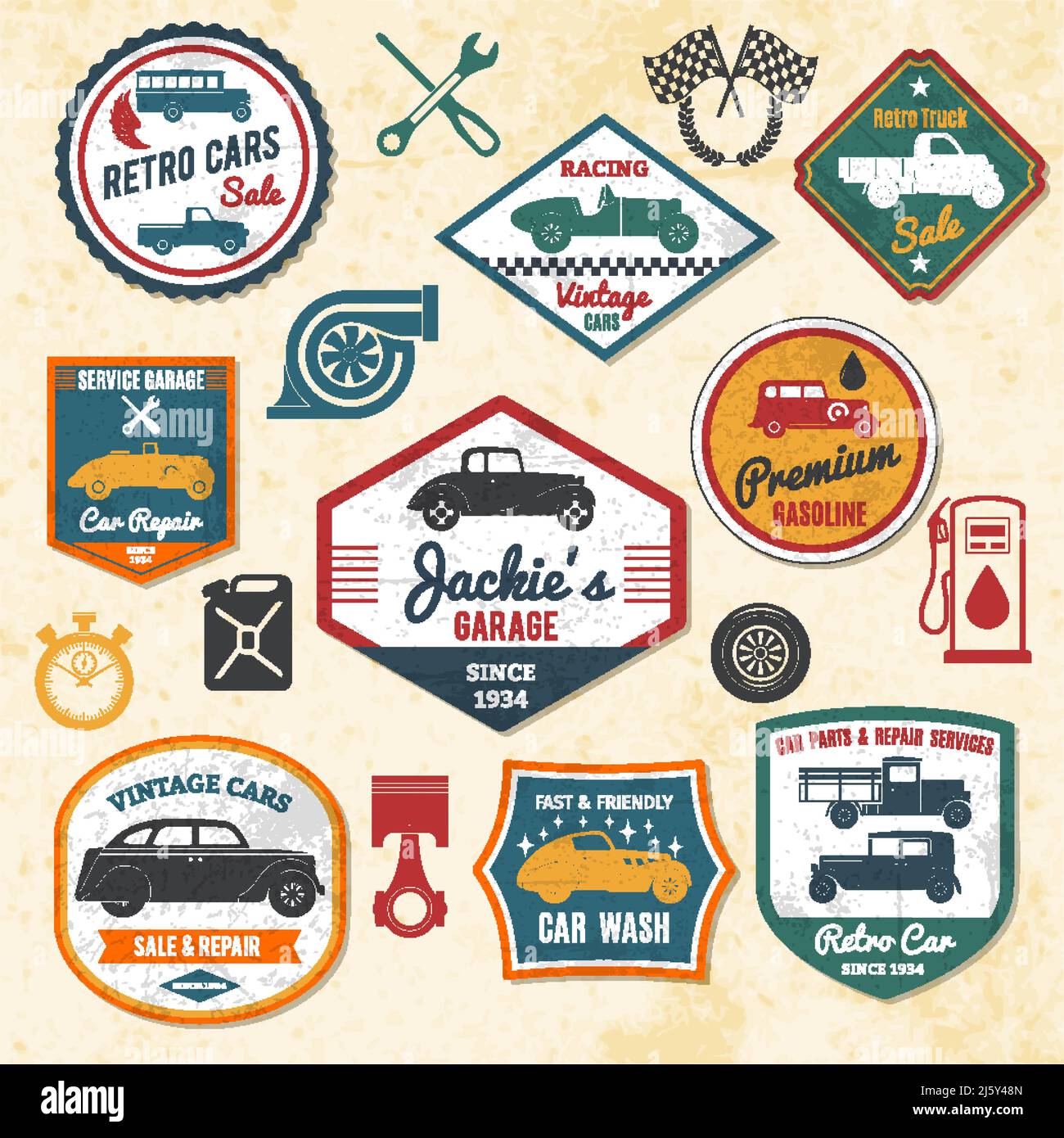Retro and old car repair shops labels set isolated vector illustration ...