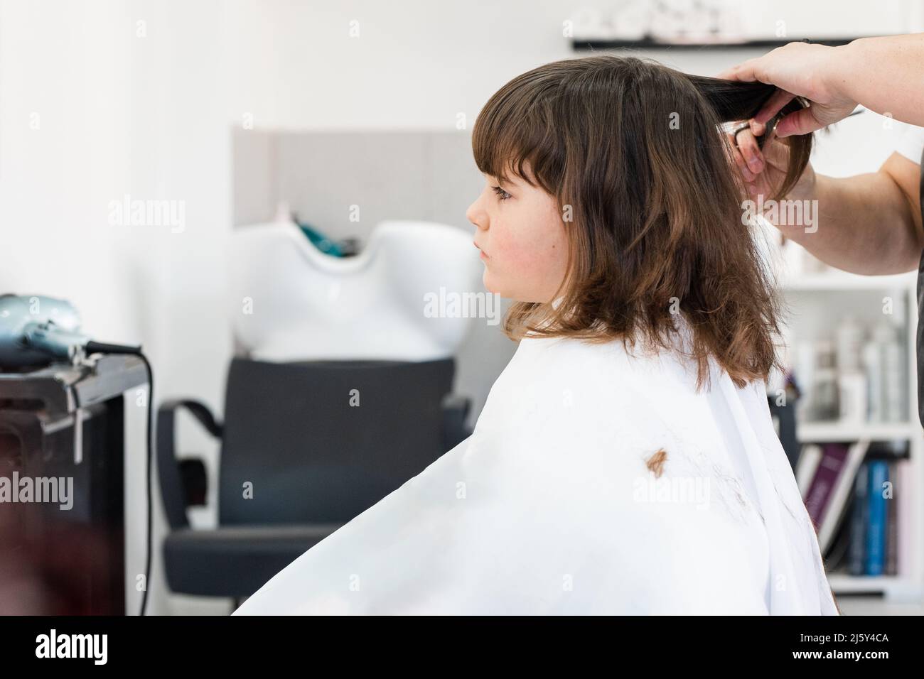Hands of crop anonymous hairdresser cutting dark hair of cute girl ...